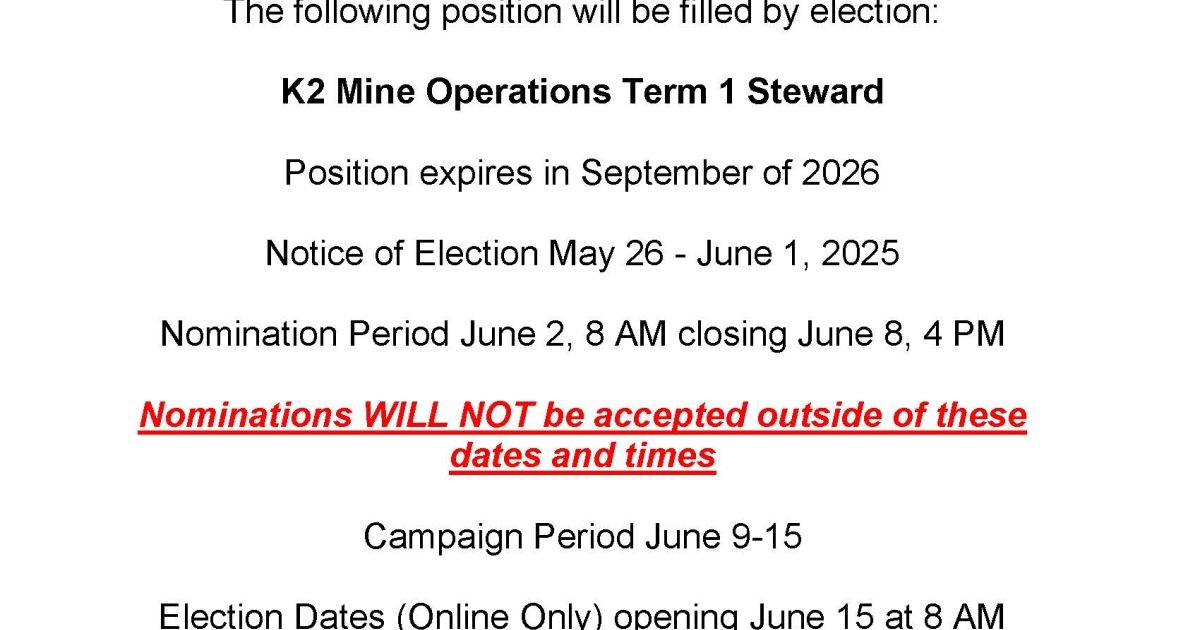 K2 Mine Ops Steward term 1 By-Election | Local 707-A